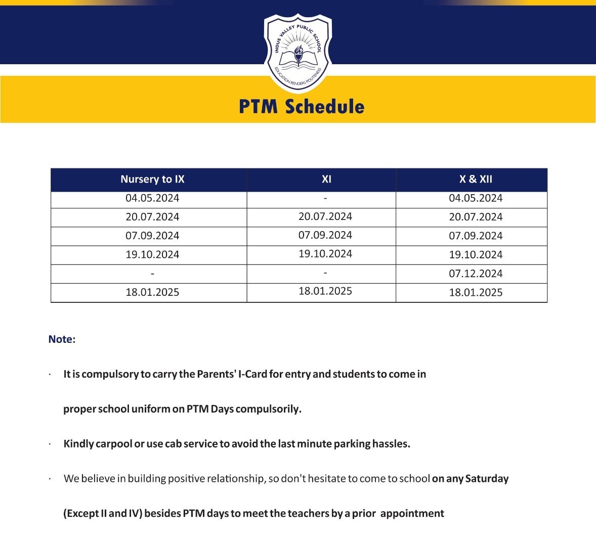 PTM Schedule – Indus Valley Public School in Noida | Top CBSE School